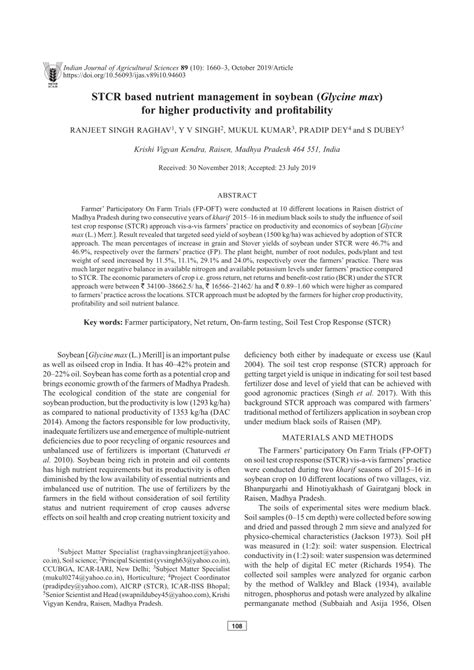 Pdf Stcr Based Nutrient Management In Soybean Glycine Max For Higher Productivity And