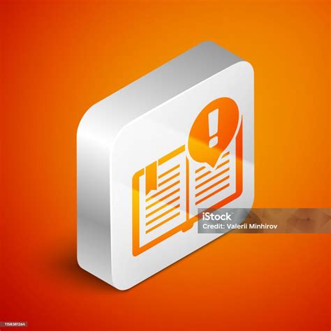 주황색 배경에 격리된 등각칭 흥미로운 사실 아이콘입니다 책 또는 기사 기호 느낌표 기호입니다 실버 스퀘어 버튼 벡터 일러스트레이션 0명에 대한 스톡 벡터 아트 및 기타