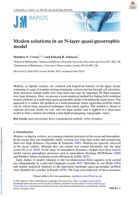 Pdf Modon Solutions In An N Layer Quasi Geostrophic Model