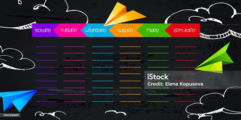 주간 일기 학교 스타일의 계획 개념 자유형 그림과 종이 비행기가 있는 칠판 배경에 요일 0명에 대한 스톡 벡터 아트 및 기타 이미지 Istock