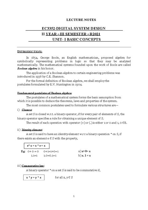EC DSD UNIT I Digital System Design EC DIGITAL SYSTEM DESIGN II YEAR III SEMESTER