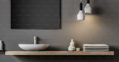 회색 욕실 세면대가 나무 선반 위에 서 있다 회색 벽에 걸려 있는 정사각형 거울 클로즈업 3d 렌더링 사진