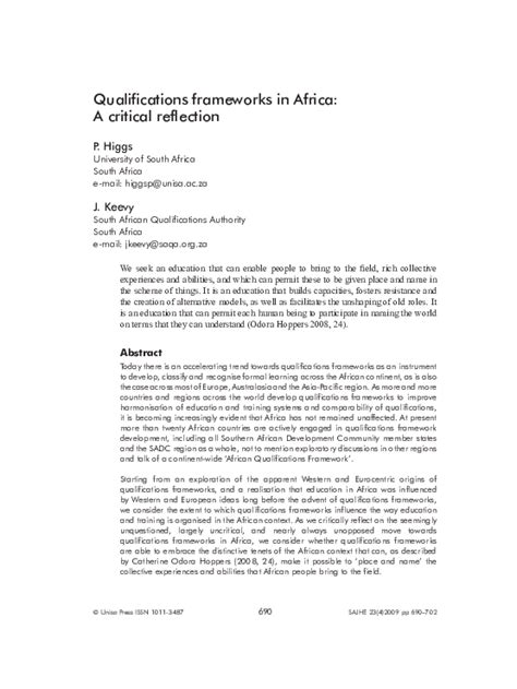 Pdf Qualifications Frameworks In Africa A Critical Reflection