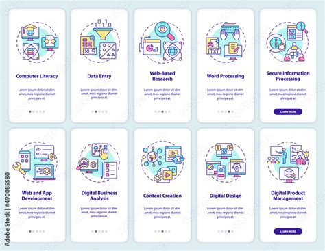 Digital Skills And Literacy Onboarding Mobile App Screen Set Walkthrough 5 Steps Graphic