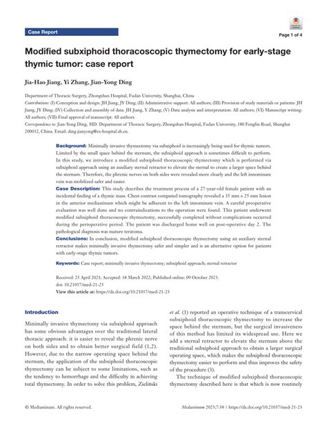 Pdf Modified Subxiphoid Thoracoscopic Thymectomy For Early Stage
