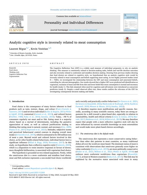 Pdf Analytic Cognitive Style Is Inversely Related To Meat Consumption