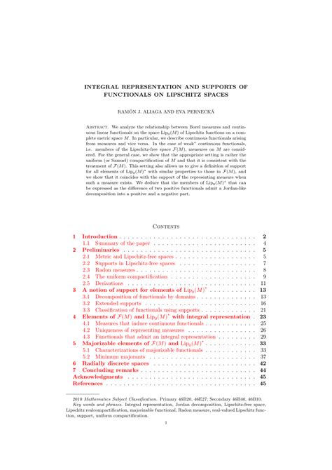 Pdf Integral Representation And Supports Of Functionals On Lipschitz Spaces