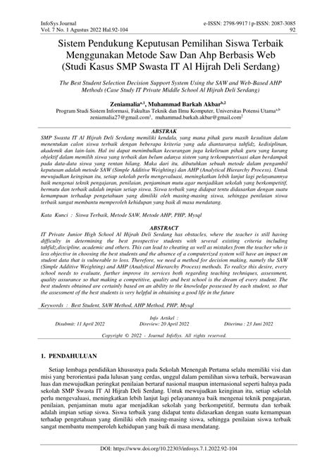 PDF Sistem Pendukung Keputusan Pemilihan Siswa Terbaik Menggunakan Metode Saw Dan Ahp Berbasis