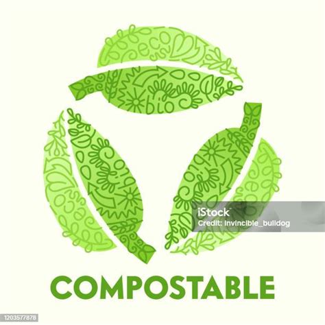생분해성 퇴비화 플라스틱 패키지 아이콘 낙서 그림 생분해성 라벨 로고 포스터 배너 배너 전단지 브로셔 만화 플랫 벡터 일러스트와 녹색 잎을 순환의 모양 0명에 대한 스톡
