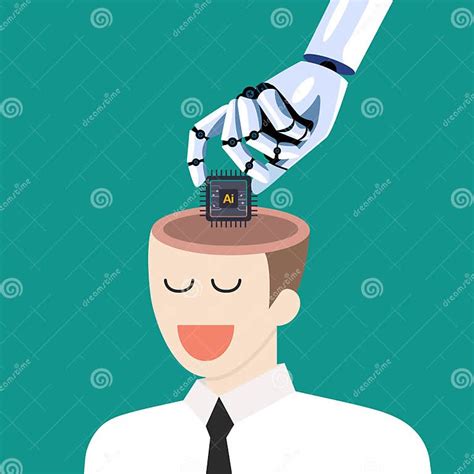 robot hand put ai processing chip into human brain stock vector