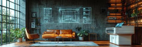 An Engineering Office Uses A Large Banner Plotter To Print Design Blueprints Gen Ai Stock