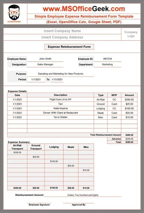 Expense Form Template Excel