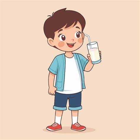 우유를 마시는 귀여운 소년 만화 일러스트 터 아트 프리미엄 벡터