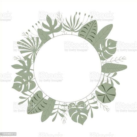 텍스트 중앙에 빈 원이 있는 포스터입니다 열대 야자수의 섬세한 녹색 잎 세트 벡터 손으로 그린 그림 포장 의류 디자인 인테리어에 대한 창조적 인 평면 0명에 대한 스톡 벡터