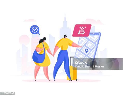 응용 프로그램을 통해 커플 주문 택시 평면 만화 사람들 벡터 일러스트 가공의 인물에 대한 스톡 벡터 아트 및 기타 이미지 가공의 인물 검색 고름 Istock