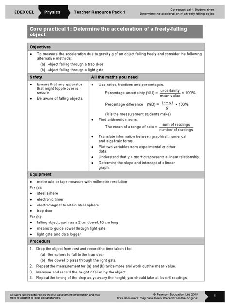core practical 1 determine the acceleration of a freely falling object