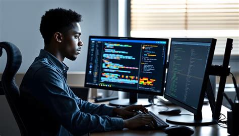 Young African Male Programmer Writing Program Code Sitting At The Workplace With Three Monitors