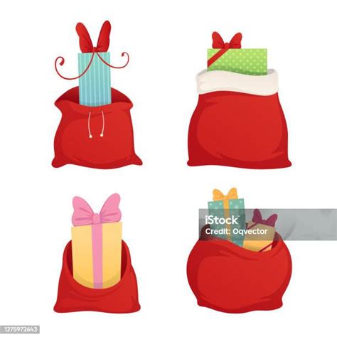 산타 클로스에서 선물의 전체 가방을 설정합니다 크리스마스 장식 요소 플랫 벡터 일러스트레이션 12월에 대한 스톡 벡터 아트 및 기타 이미지 Istock