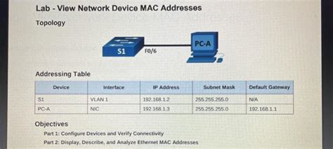 Lab View Network Device MAC Addresses Topology PC A Chegg