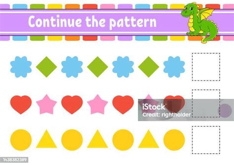 패턴을 계속하십시오 교육 개발 워크시트 아이들을위한 게임 활동 페이지 아이들을위한 퍼즐 유치원 수수께끼 귀여운 만화 스타일 벡터