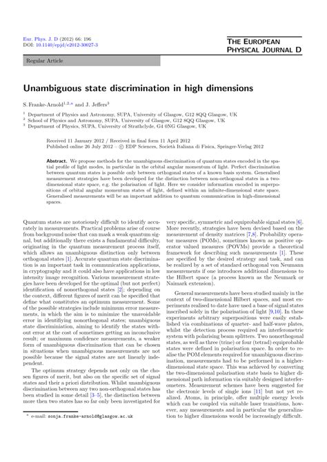 Pdf Unambiguous State Discrimination In High Dimensions