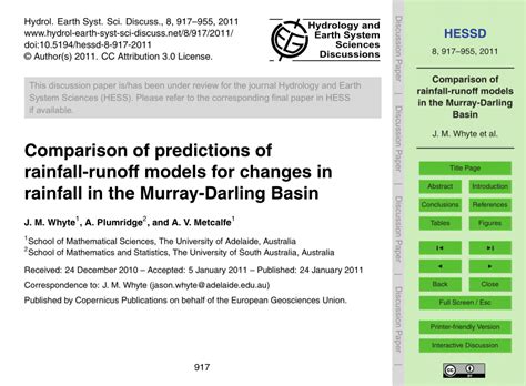 PDF Comparison Of Predictions Of Rainfall Runoff Models For Changes In Rainfall In The Murray