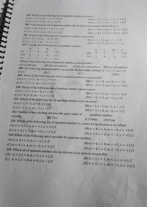 consider the following sets of quantum numbers a i and iii 208