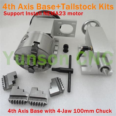 Hollow Shaft Rotary Axis CNC 4th Axis Base With 100mm 4 Jaw Chuck Live Center Tailstock Kits For
