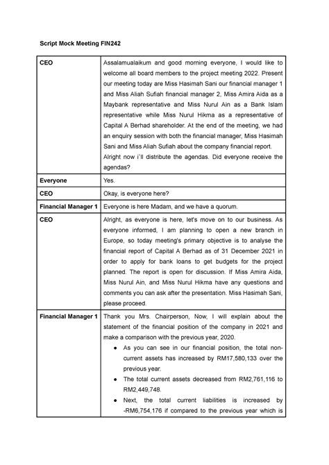 Role Play Script Group Assignment Script Mock Meeting Fin Ceo Assalamualaikum And Good
