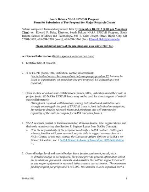 Printable Sd Nasa Epscor Fy 2016 Major Research Grant Nasa Proposal Template Doc Ikase