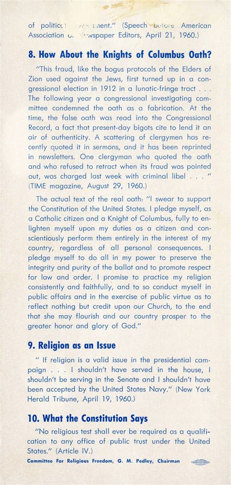 Pamphlet Titled “kennedy And The Religious Issue” The Sixth Floor
