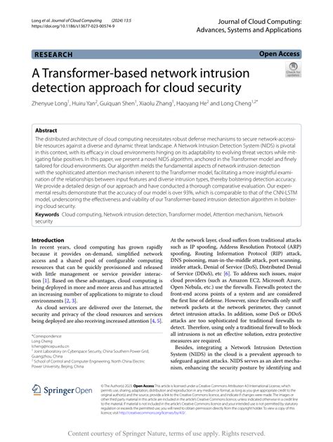 PDF A Transformer Based Network Intrusion Detection Approach For Cloud Security