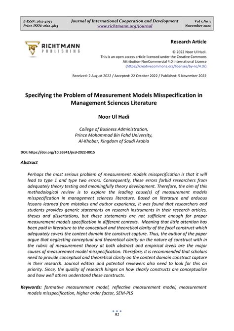 Pdf Specifying The Problem Of Measurement Models Misspecification In Management Sciences