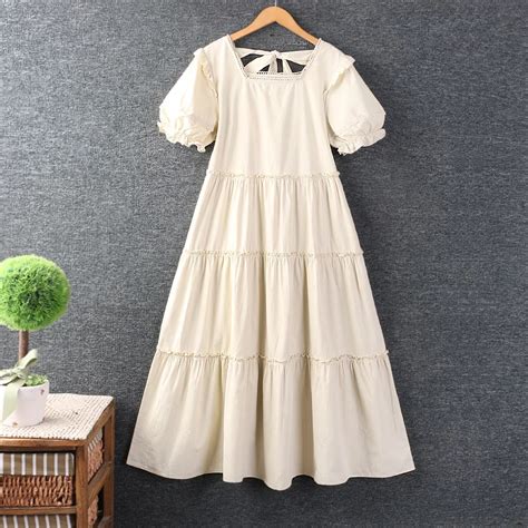 Летнее милое однотонное платье Mori Girl Повседневное платье с коротким рукавом Aliexpress