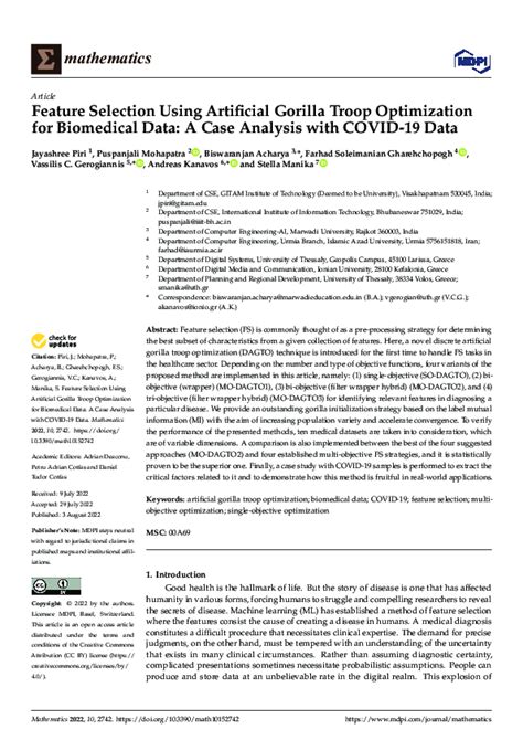 Pdf Feature Selection Using Artificial Gorilla Troop Optimization For Biomedical Data A Case