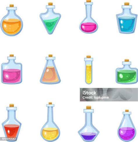 마법의 병 벡터 마법의 게임 물 약 유리 또는 액체 독 음료 연금술 또는 화학 그림의 흰색 배경에 고립 Phial에 웅장 한 영약의 설정 0명에 대한 스톡 벡터 아트 및