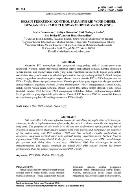 Pdf Desain Frekuensi Kontrol Pada Hybrid Wind Diesel Dengan Pid Particle Swarm Optimization