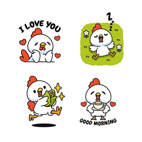 귀여운 치킨 스티커 만화 벡터 세트 프리미엄 벡터