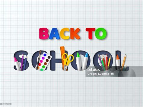 돌아가기 현실 학 용품으로 학교 타이 포 그래피 디자인 종이 흰색 배경에 스타일 글자를 잘라 벡터 일러스트입니다 학용품에 대한 스톡 벡터 아트 및 기타 이미지 Istock