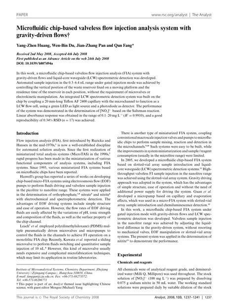 Pdf Microfluidic Chip Based Valveless Flow Injection Analysis System With Gravity Driven Flows