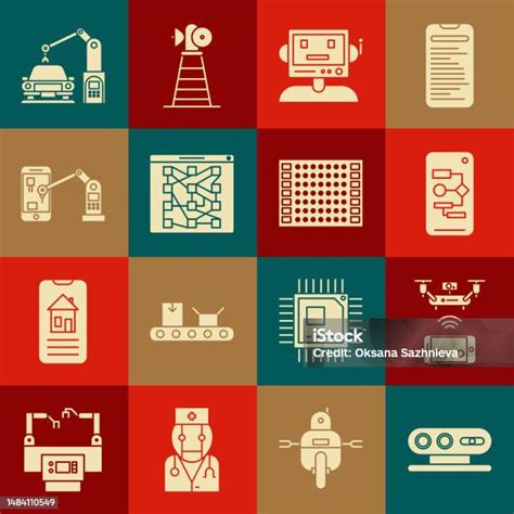 3d 스캐닝 시스템 원격 공중 드론 알고리즘 로봇 글로벌 기술 소셜 네트워크 산업 기계 로봇 로봇 팔 손 및 인쇄 회로 기판 Pcb 아이콘을 설정합니다 벡터 다중 색상에