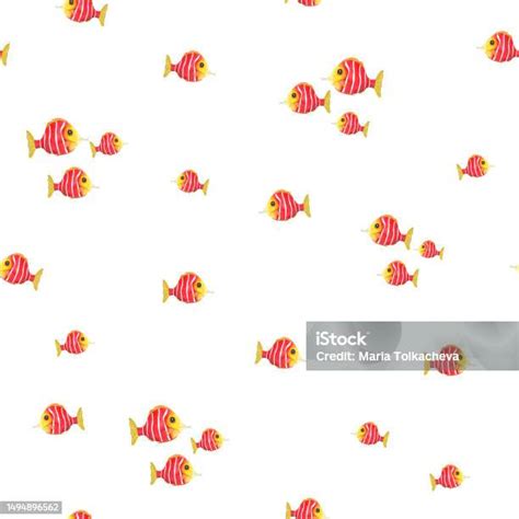 수채화 물감 매끄러운 패턴은 흰색 배경에 분리된 다채로운 물고기의 패턴입니다 벽지 인쇄물 아기 섬유 보육원 스크랩북 엽서 의류에