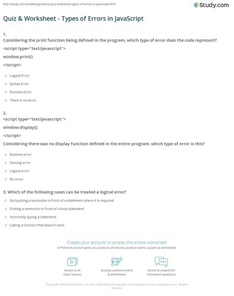 Quiz Worksheet Types Of Errors In JavaScript Study
