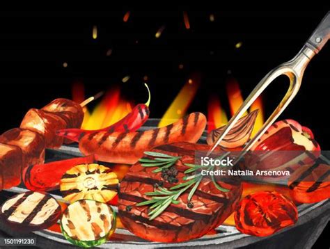 수채화 바베큐 고기 바베큐 스테이크 쇠고기 야채 조각 블랙 바베큐 포크 그릴 손으로 그린 그림은 검은색 배경에 분리되어 있습니다 메뉴 카페 레스토랑 레시피 북 요리에 딱