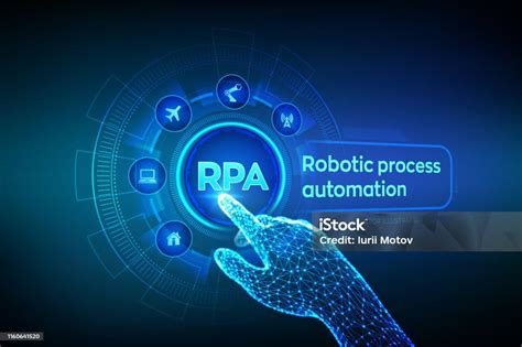 Rpa 로봇 프로세스 자동화 혁신 기술 개념 가상 화면에 디지털 그래프 인터페이스를 만지는 유선 로봇 손 Ai 인공 지능 벡터