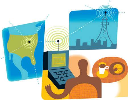 Stock Illustration Person Using Computer With Wireless Signal