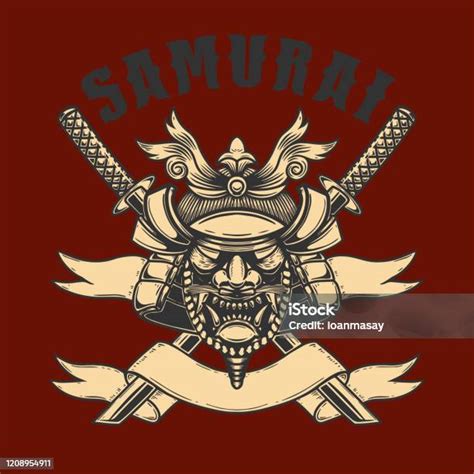 교차 카타나와 사무라이 전사의 헬멧의 그림 포스터 카드 배너 엠블럼 티셔츠를 위한 디자인 요소 벡터 일러스트레이션 무기에 대한
