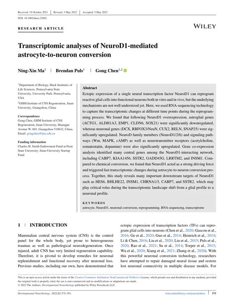 Pdf Transcriptomic Analyses Of Neurod1‐mediated Astrocyte‐to‐neuron