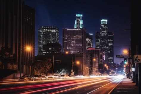 Premium Photo Los Angeles Downtown At Night With Urban Buildings And
