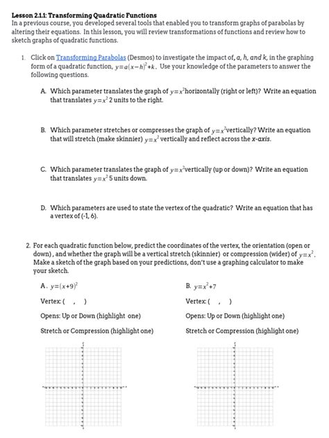 Lesson 211 Transforming Quadratic Functions Pdf Theoretical Computer Science Combinatorics